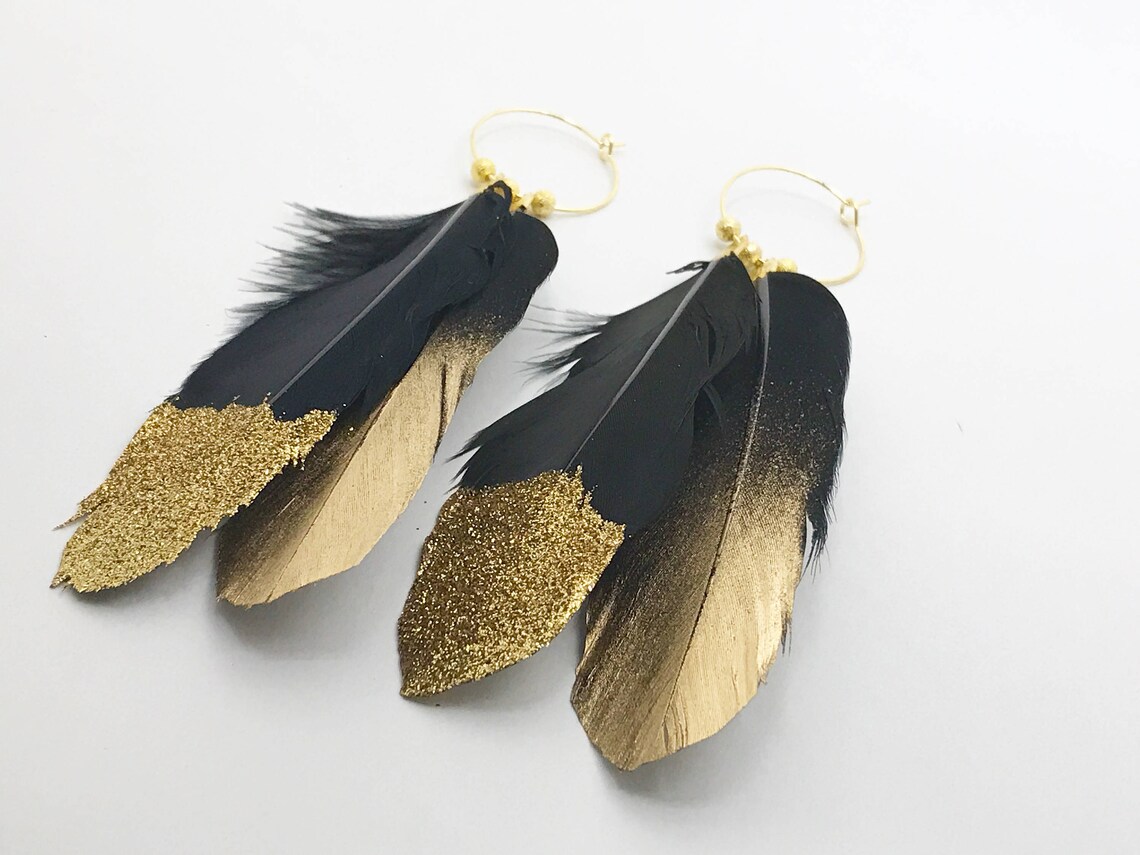 Gold Glitter Feather Earrings, Black Dipped Feathers, Gold Painted ...