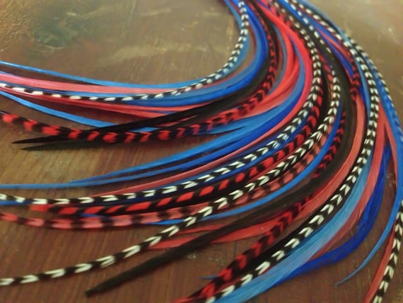 Grizzly Red Blue Feather Hair Extensions Long Hair Feathers | Etsy
