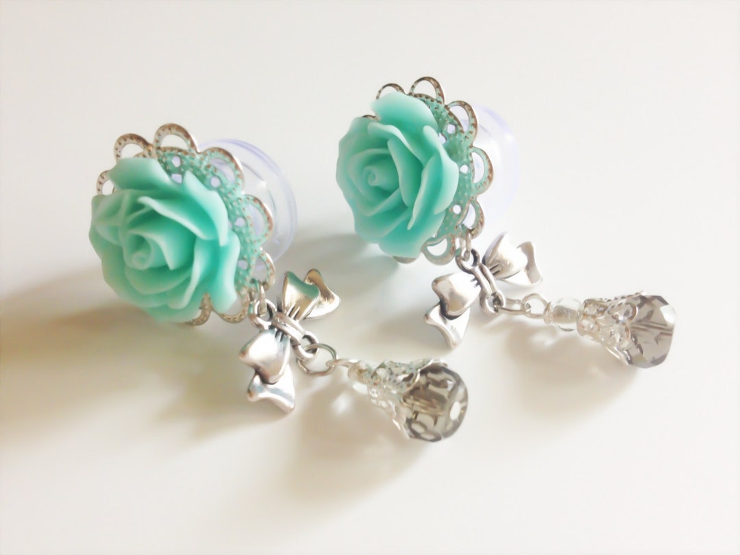 Girly Rose Ear Plug Earrings 5/8” 16mm Romantic Dangle Plugs With ...
