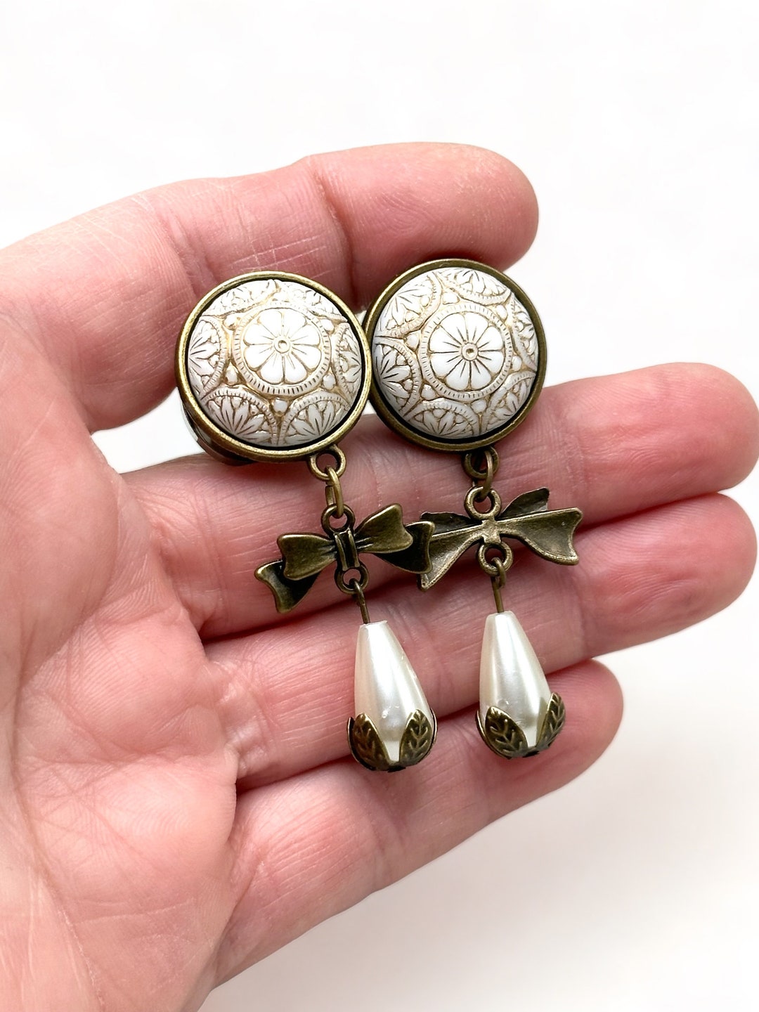 Mosaic Dangle Plugs Plugs With Bronze Bows and Pearl Teardrop Vintage ...