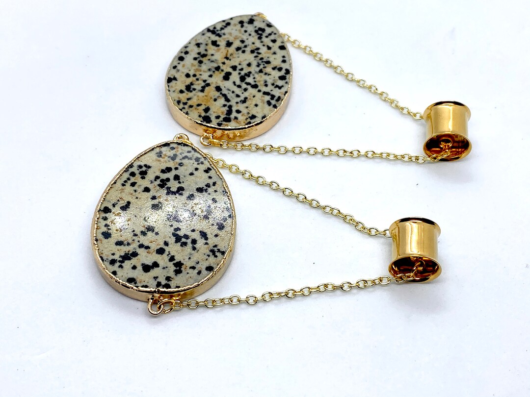 Natural Stone Eyelet Ear Tunnel Hangers, Gold Specked Granite Slice ...