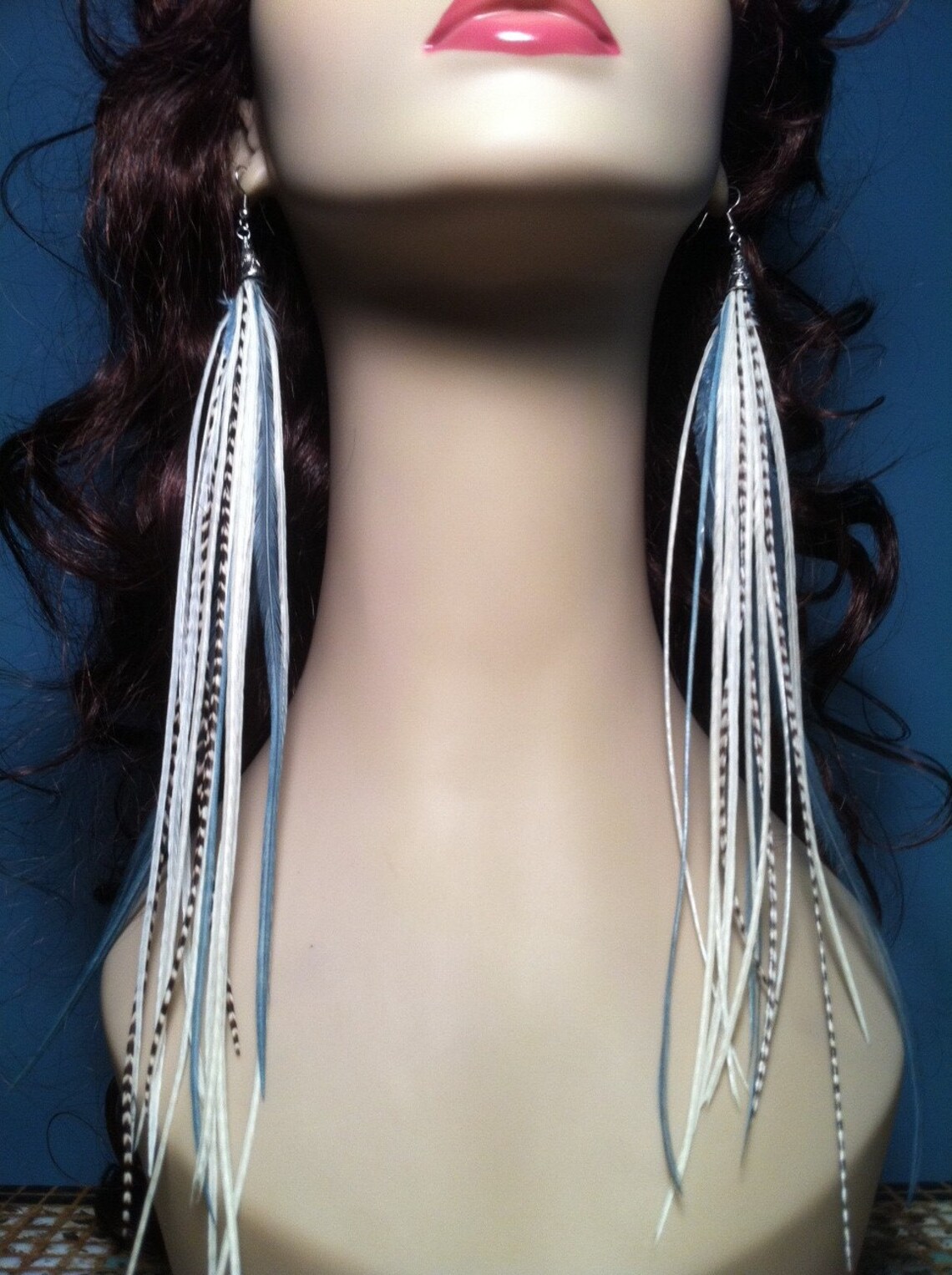 Long Feather Earrings - Blue Jean Steamer - Blue White Cream Grizzly ...