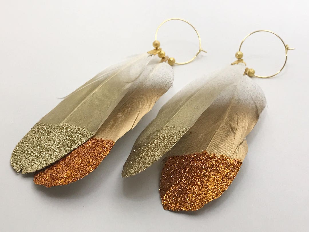 Copper and Gold Glitter Feather Earrings, Dipped Feathers Painted ...