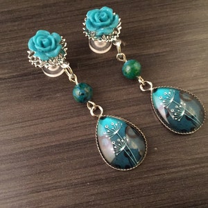 Turquoise Dangle Plugs 8g 10g 12g 16g 14g Rose Ear Plugs Dangly Gauged ...
