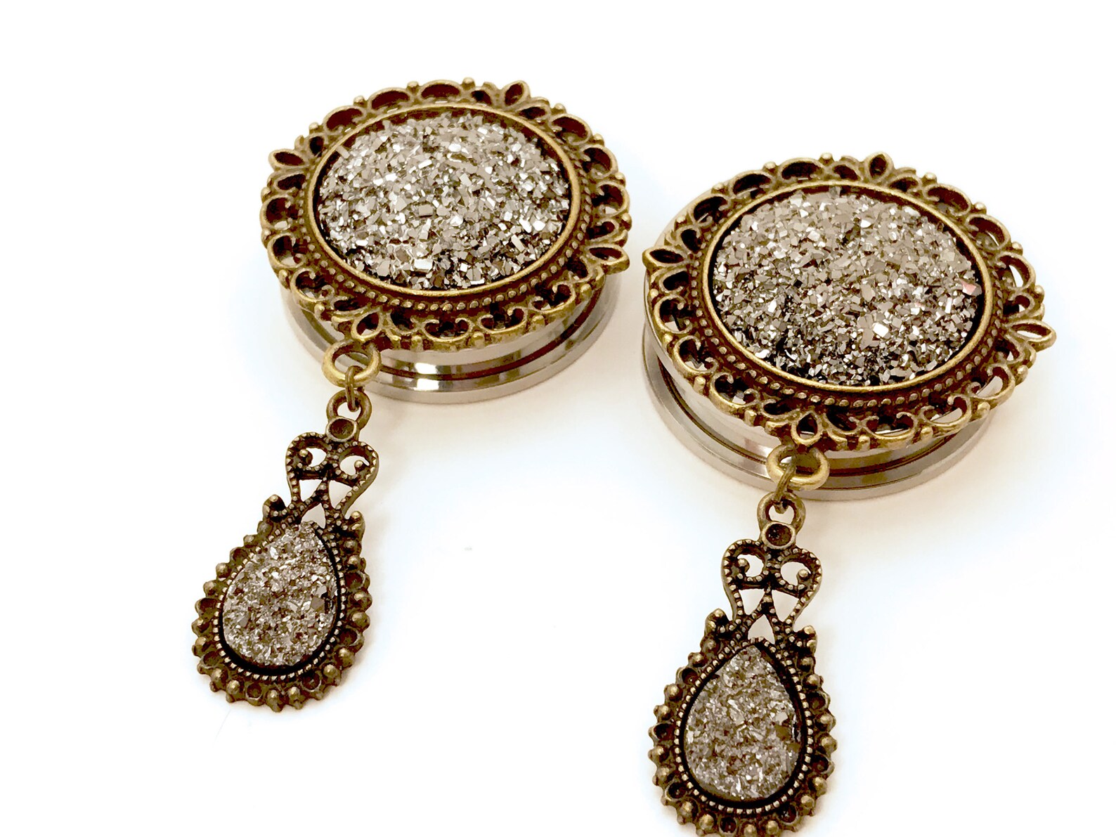 32mm 1 1/4 Inch Metalic Druzy Ear Plugs, 1 1/8 Dangle Plugs 28mm Bronze ...