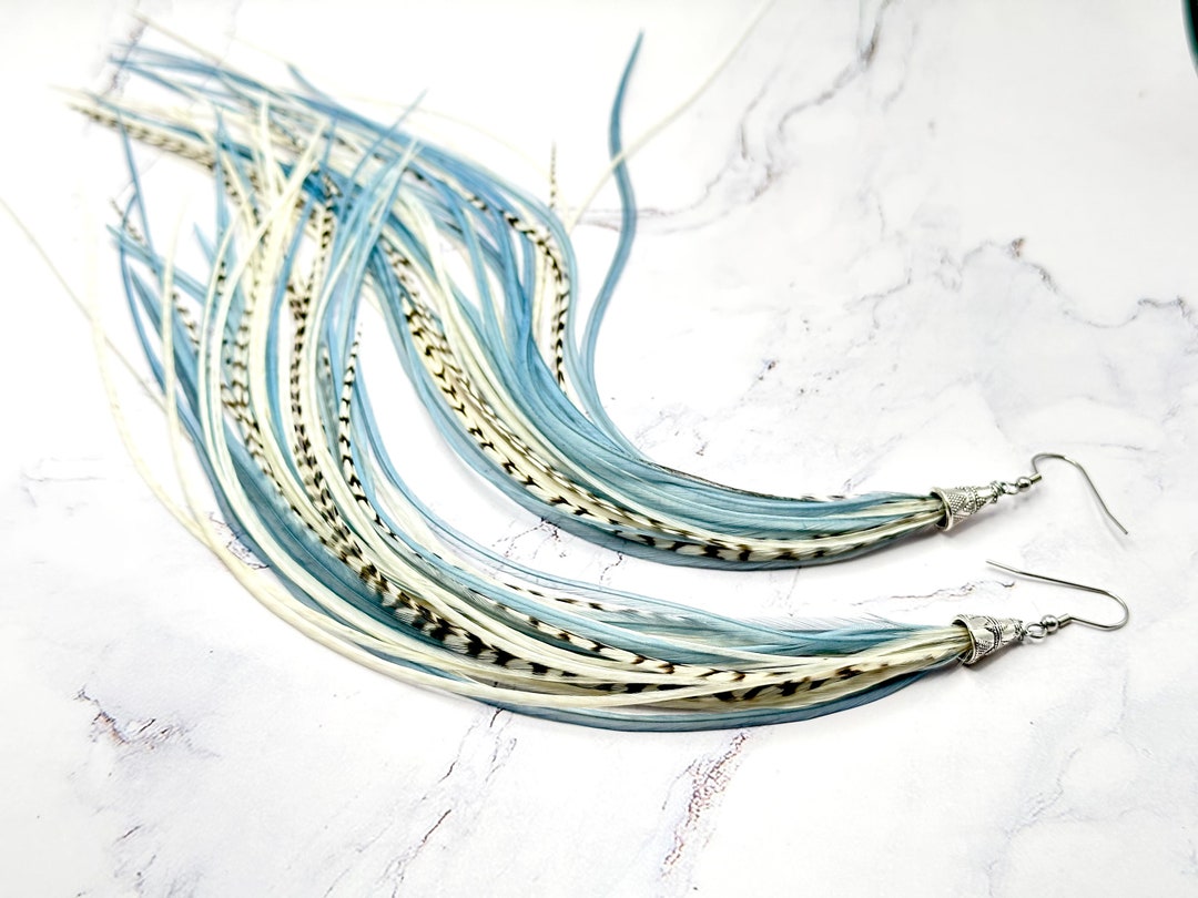 Long Feather Earrings - Blue Jean Steamer - Blue White Cream Grizzly ...