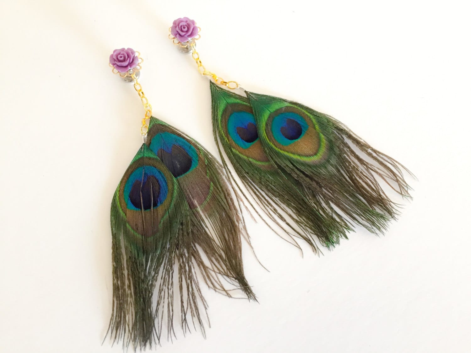 6g Peacock Feather Gauges Dangle Plugs 4g 0g 2g 1g 00g Choose Rose ...