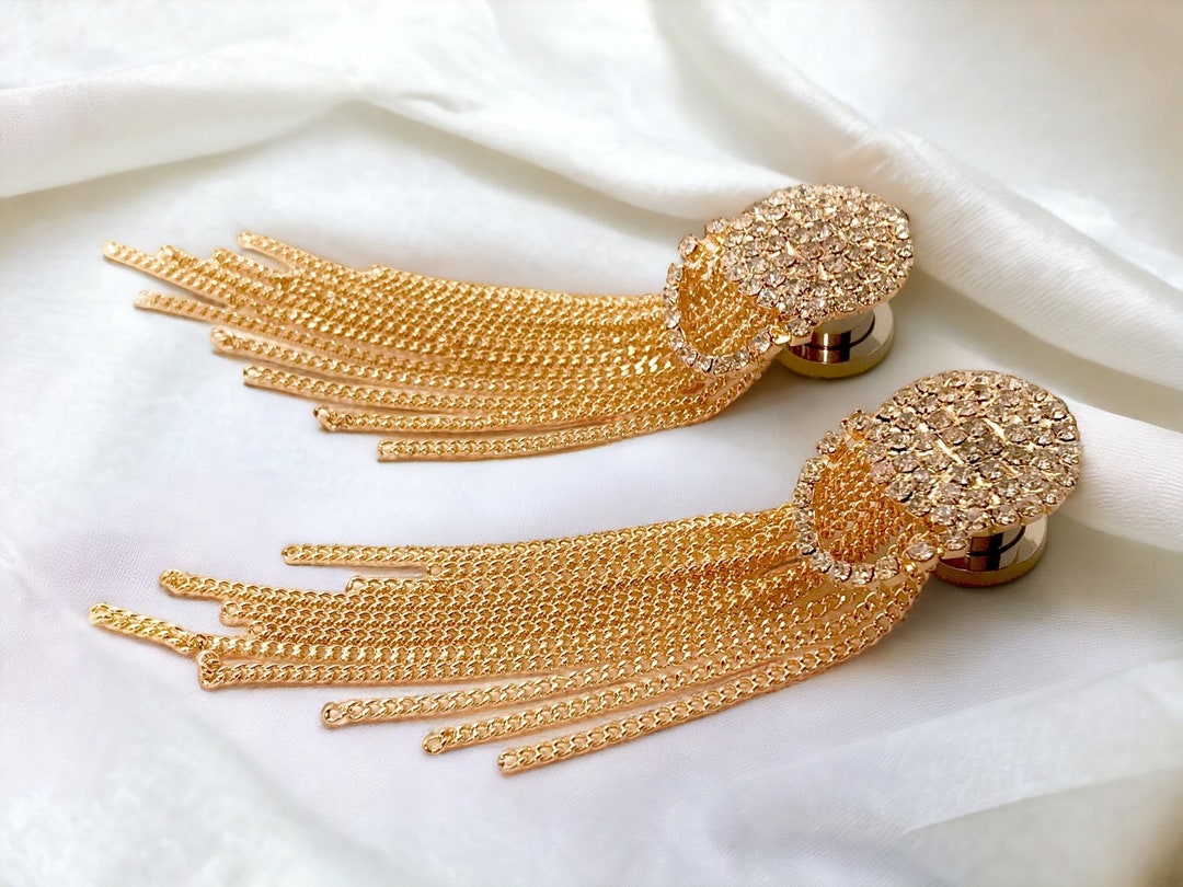 Gold Chain Tassel Dangle Plugs 0g 1g 2g 4g 6g Rhinestone Gauges Ear ...