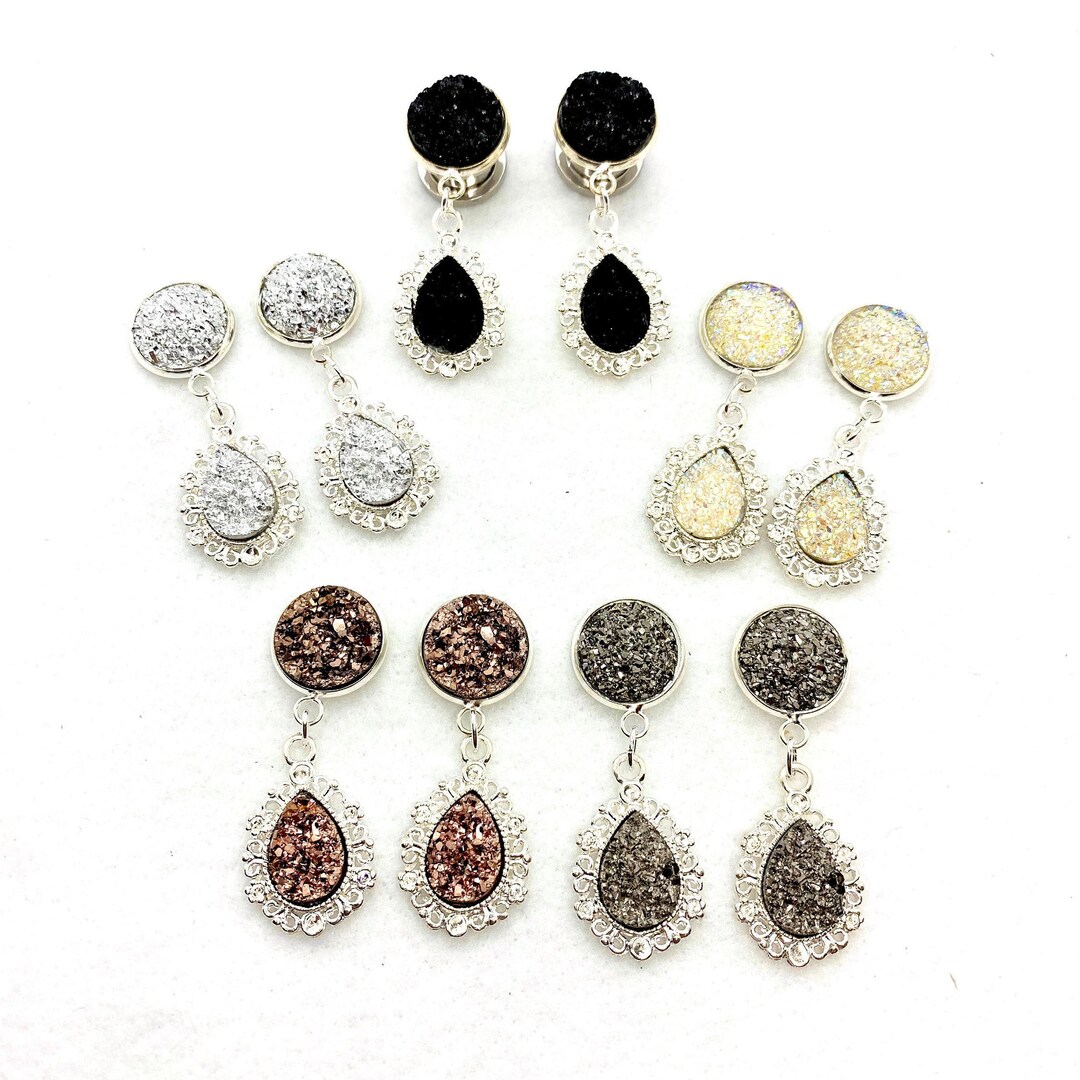Druzy Dangle Plugs Fancy Silver Plugs 6g 4g 2g 1g 0g 00g 000g Rose Gold ...