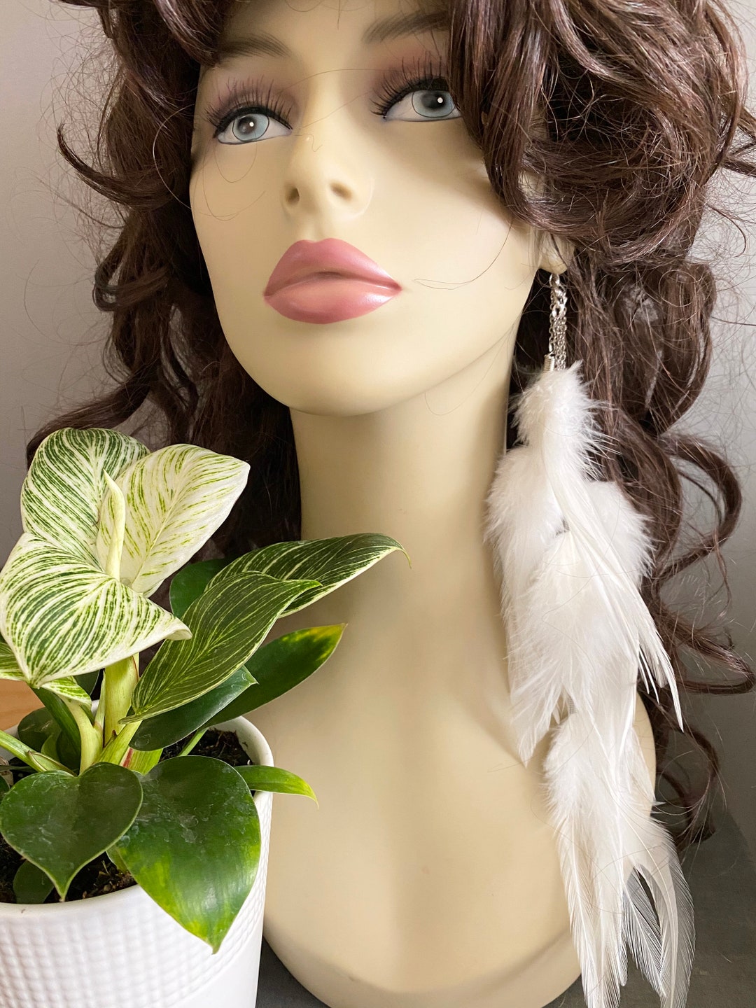 All White Long Feather Ear Cuff / Wrap With Chain, White Wedding Bridal ...