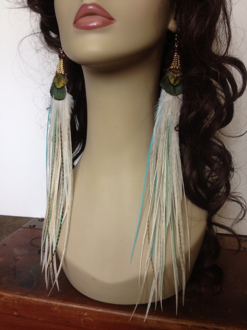 Long Feather Earrings Turquoise Green Cream Feather Jewelry - Etsy
