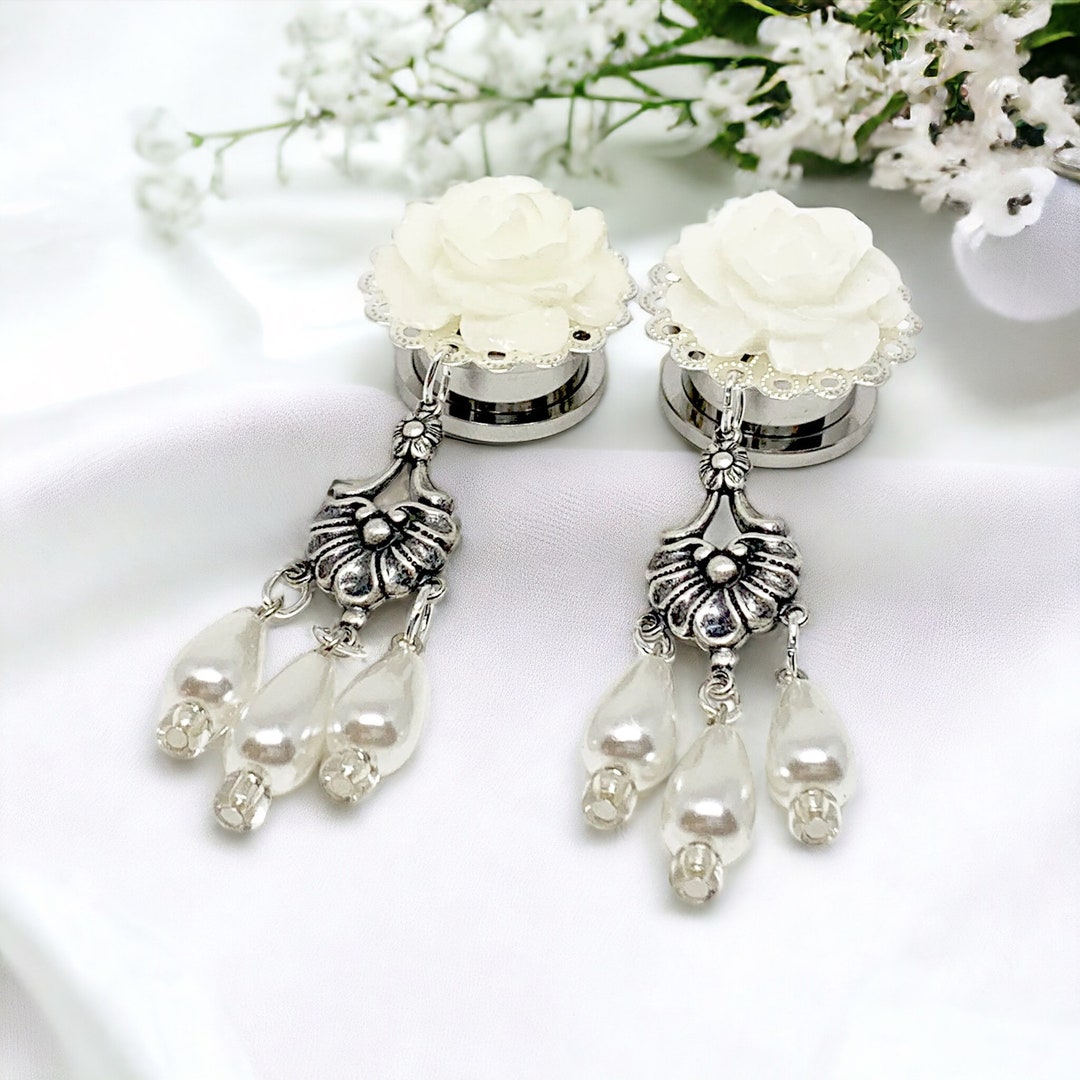 5/8 (16mm) 11/16 (18mm) Chandelier Pearl Drop Dangle Plugs Wedding Ear ...