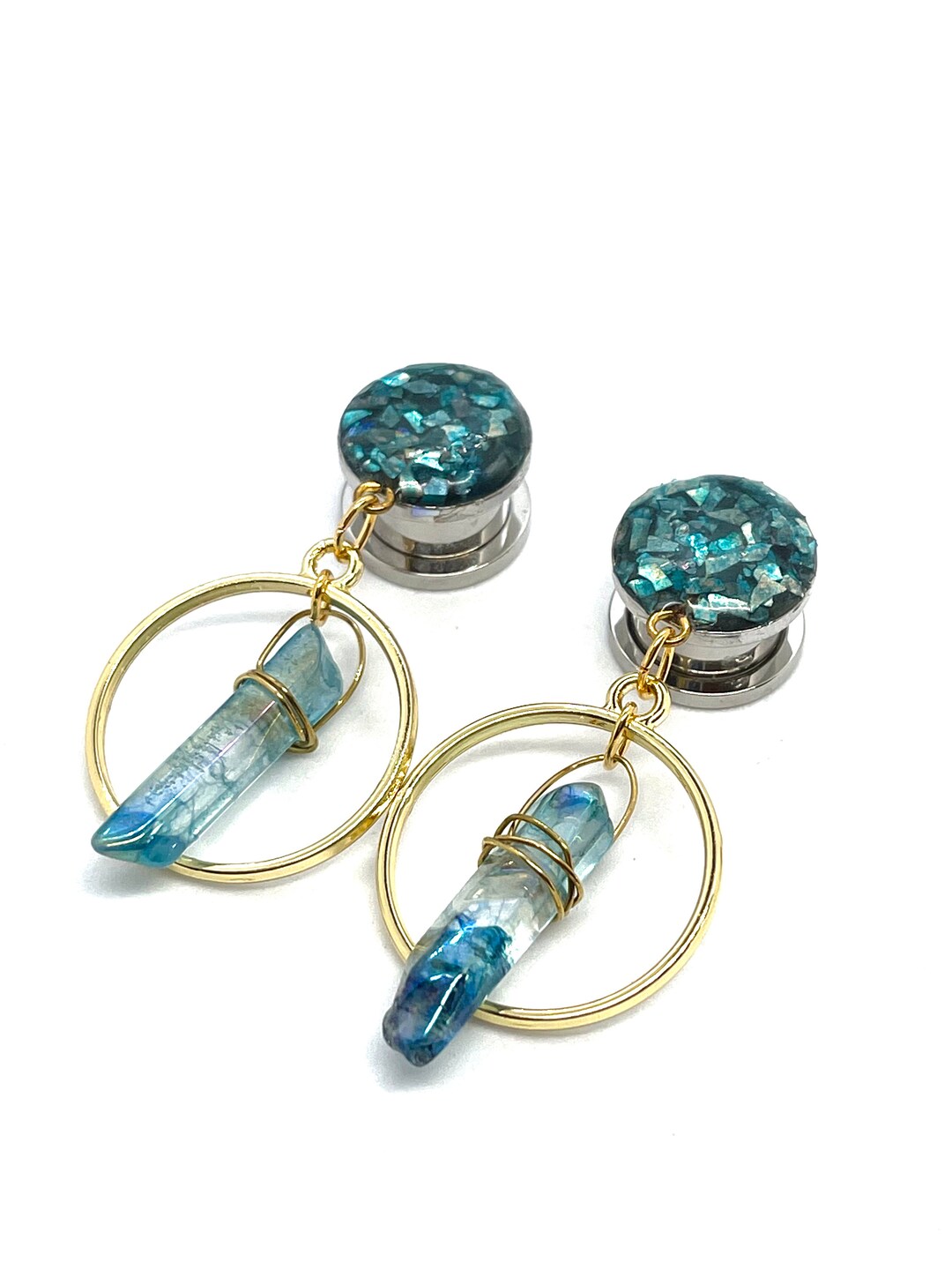 Blue Crystal Stud Earrings to 2” 50mm Dangle Plugs, Glitter Ear Plugs ...
