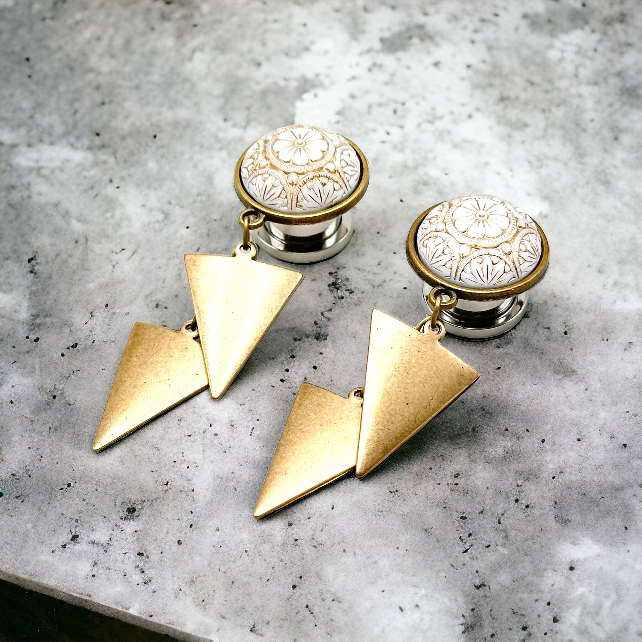 1/2" Dangle Plugs Bronze Triangle Cream Gold Mosaic 5/8 9/16 Dangly Ear ...