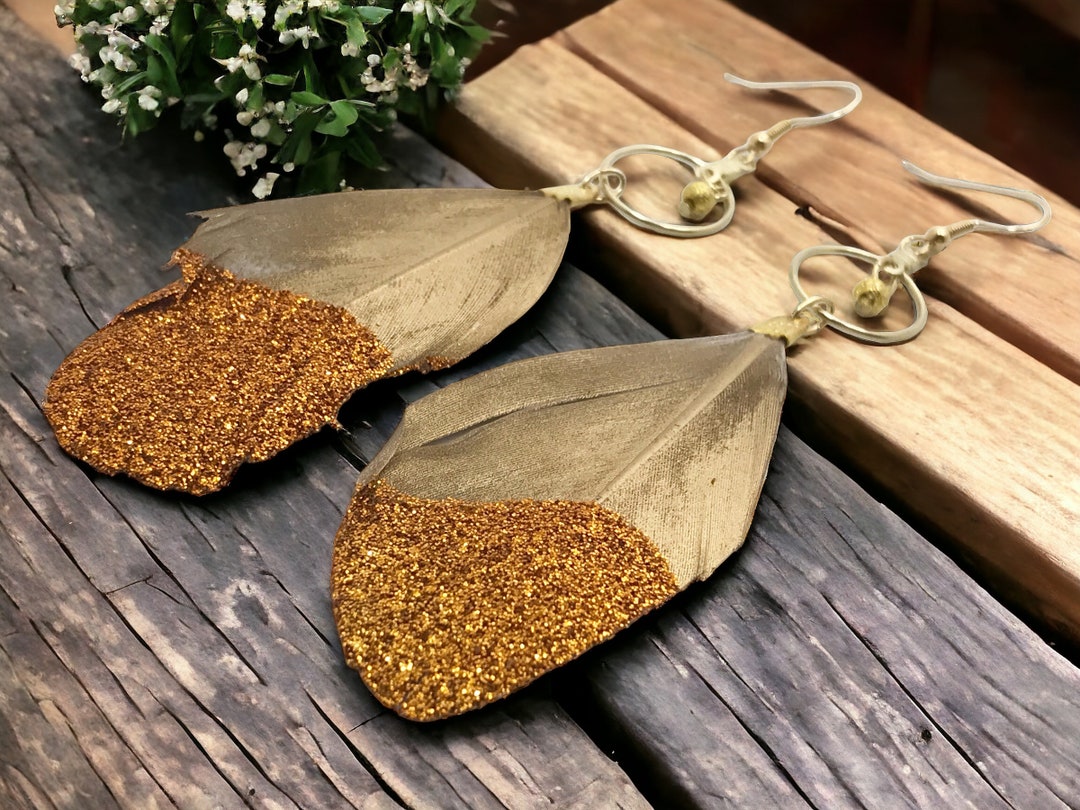 Gold Glitter Feather Earrings, Gold Feather Hoops With Painted Plumes ...