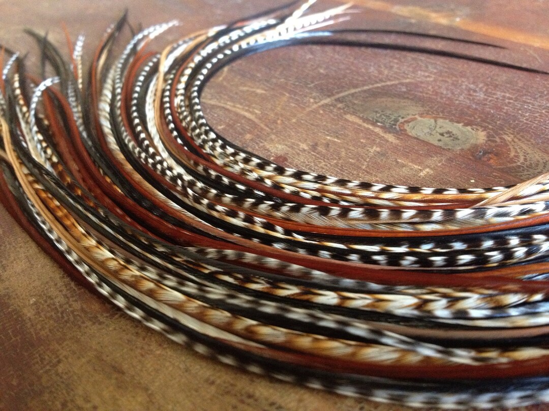 Natural Feather Hair Extensions Black Brown Grizzly Cree Bundle Extra ...