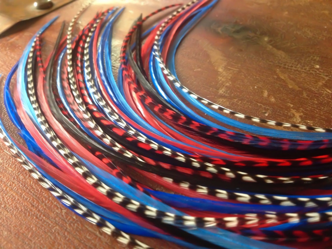 Grizzly Red Blue Feather Hair Extensions Long Hair Feathers - Etsy