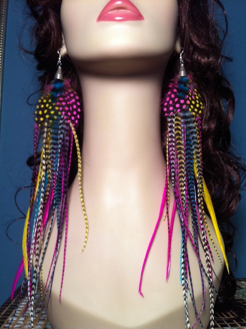 Rainbow Feather Earrings Grizzly Bright Very Long Feather - Etsy