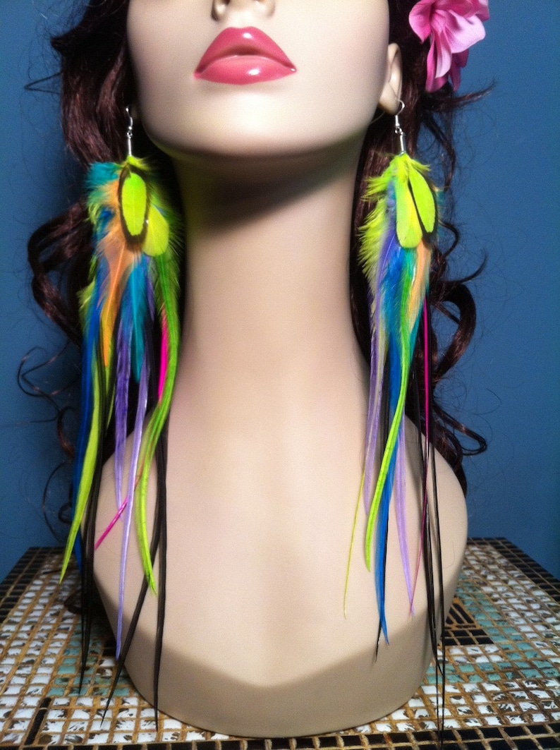 Long Feather Earrings Neon Rainbow Bright Statement Earrings - Etsy