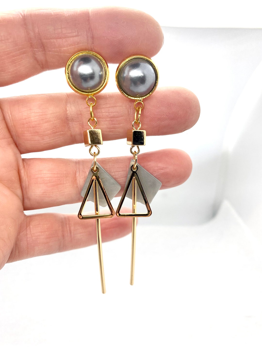2g Dangle Plugs 0g Grey Pearl Geometric Gold Ear Plug Earrings 6g 4g 7/ ...