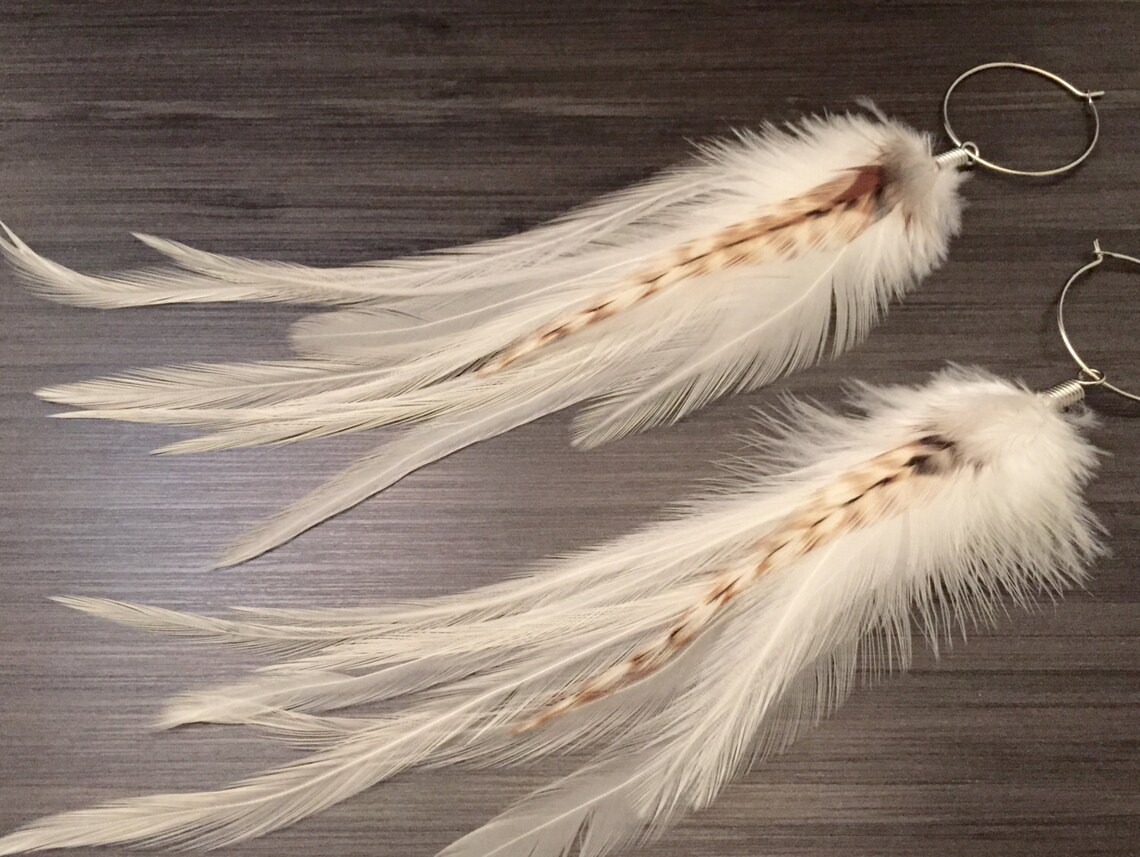 Feather Hoop Earrings Creamy White Feather Earrings Natural Feather ...