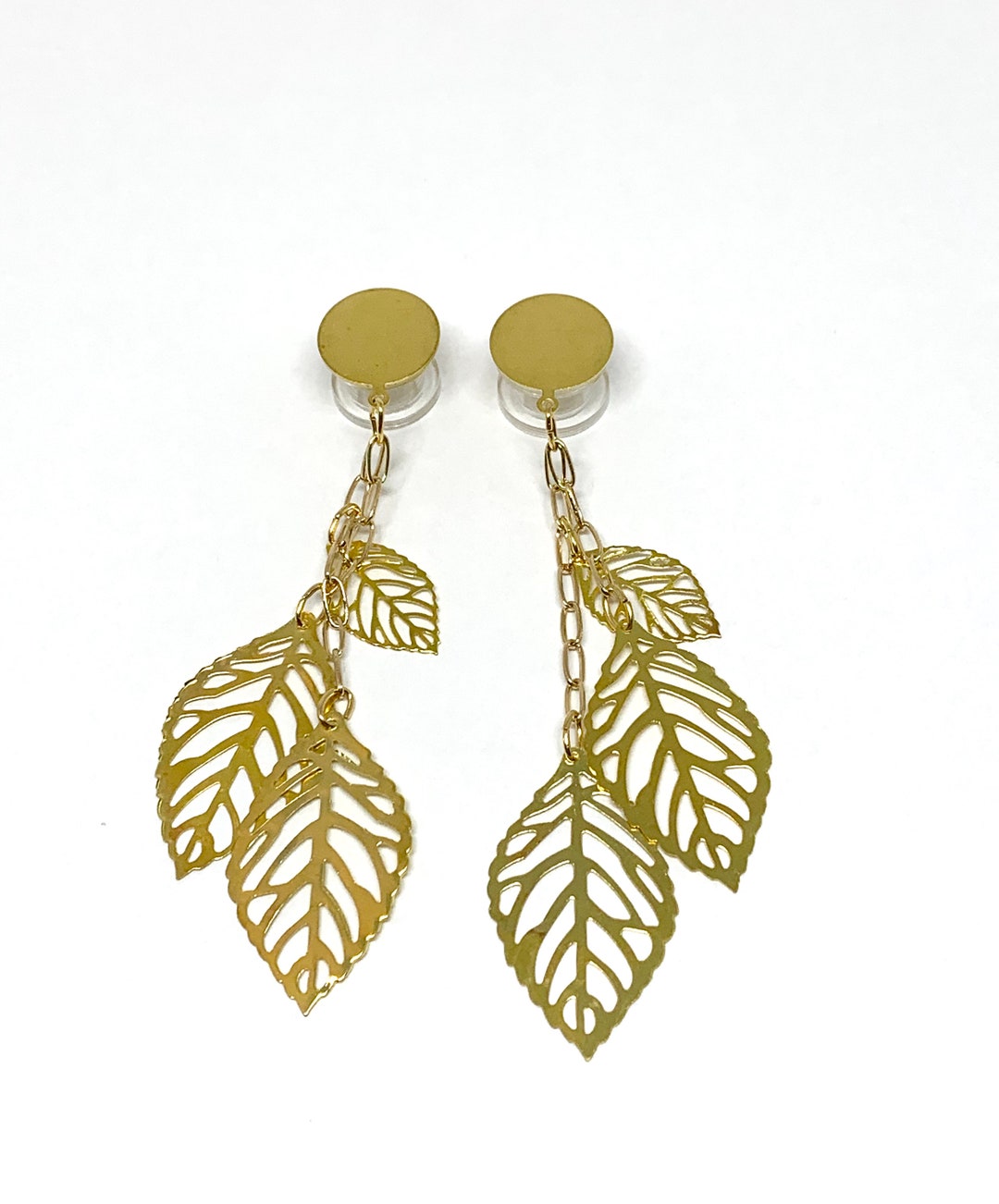 Raw Brass Dangle Ear Plugs With Golden Leaves 9/16” 5/8” 11/16” 13/16 ...