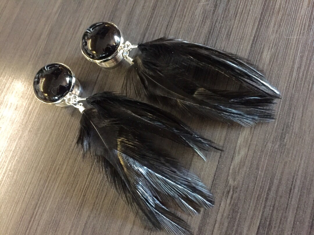 1/2" Black Feather Plugs 7/16" 000g 9/16" 12mm 14mm 11mm Gothic Style ...