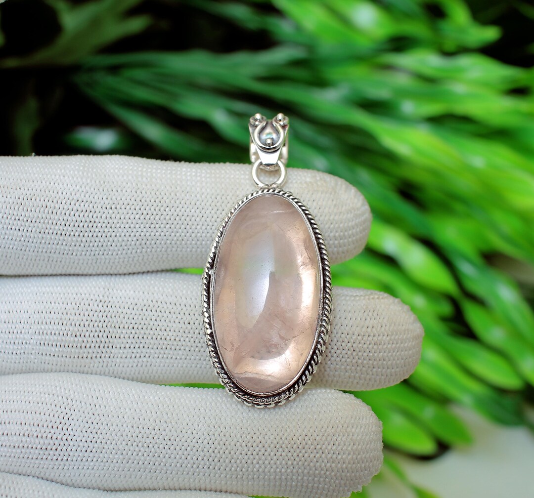 Gleaming Rose Quartz Pendat, Vintage Gemstone, Handmade Pendant, 925 ...