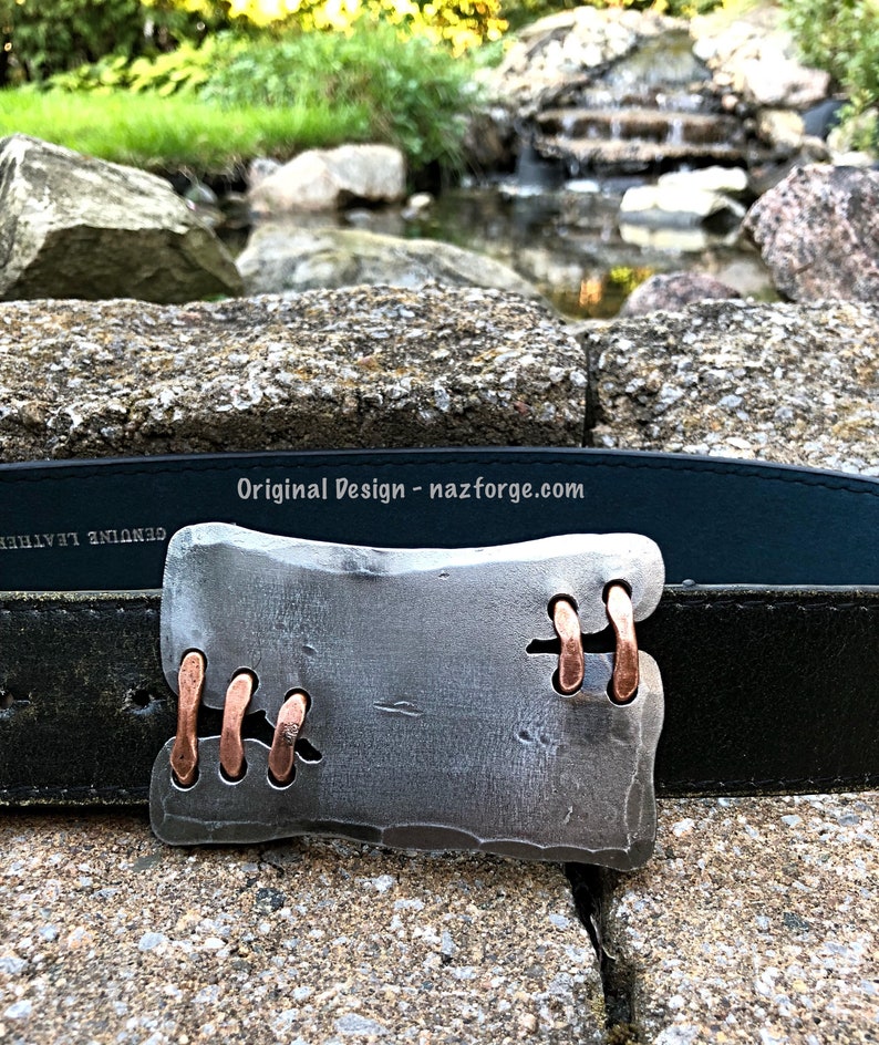 FORGED BELT BUCKLE Copper Stitched , Hand Made by Blacksmith Naz ...