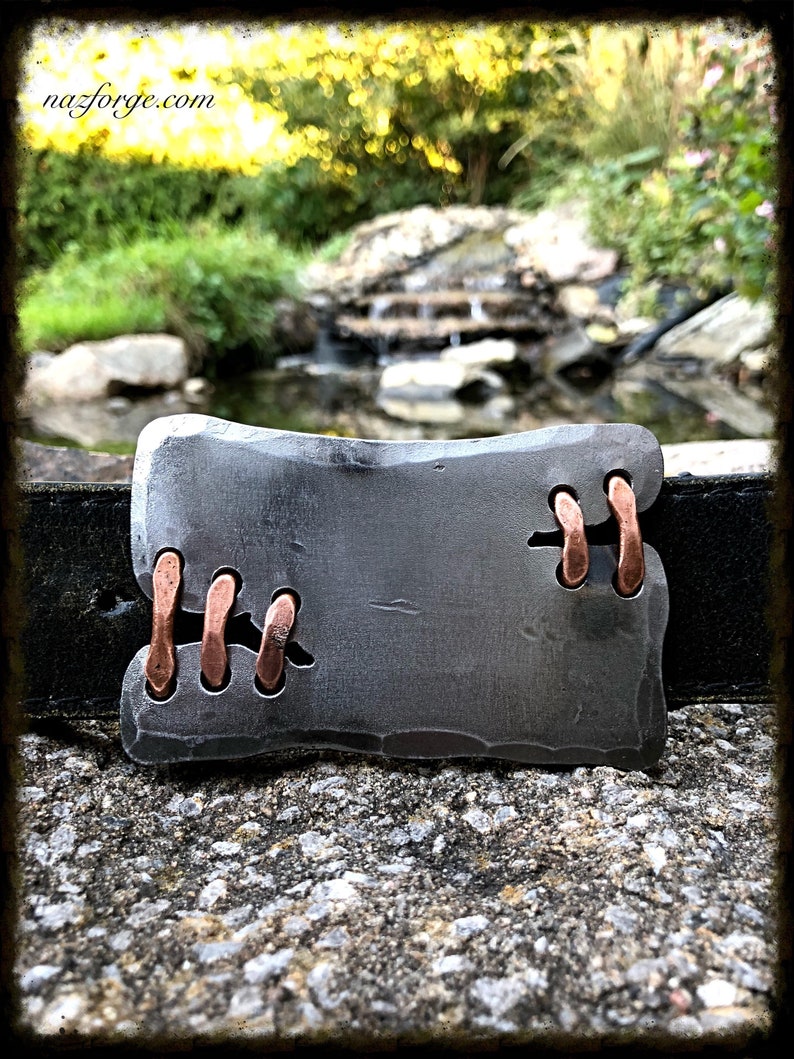 FORGED BELT BUCKLE Copper Stitched , Hand Made by Blacksmith Naz ...