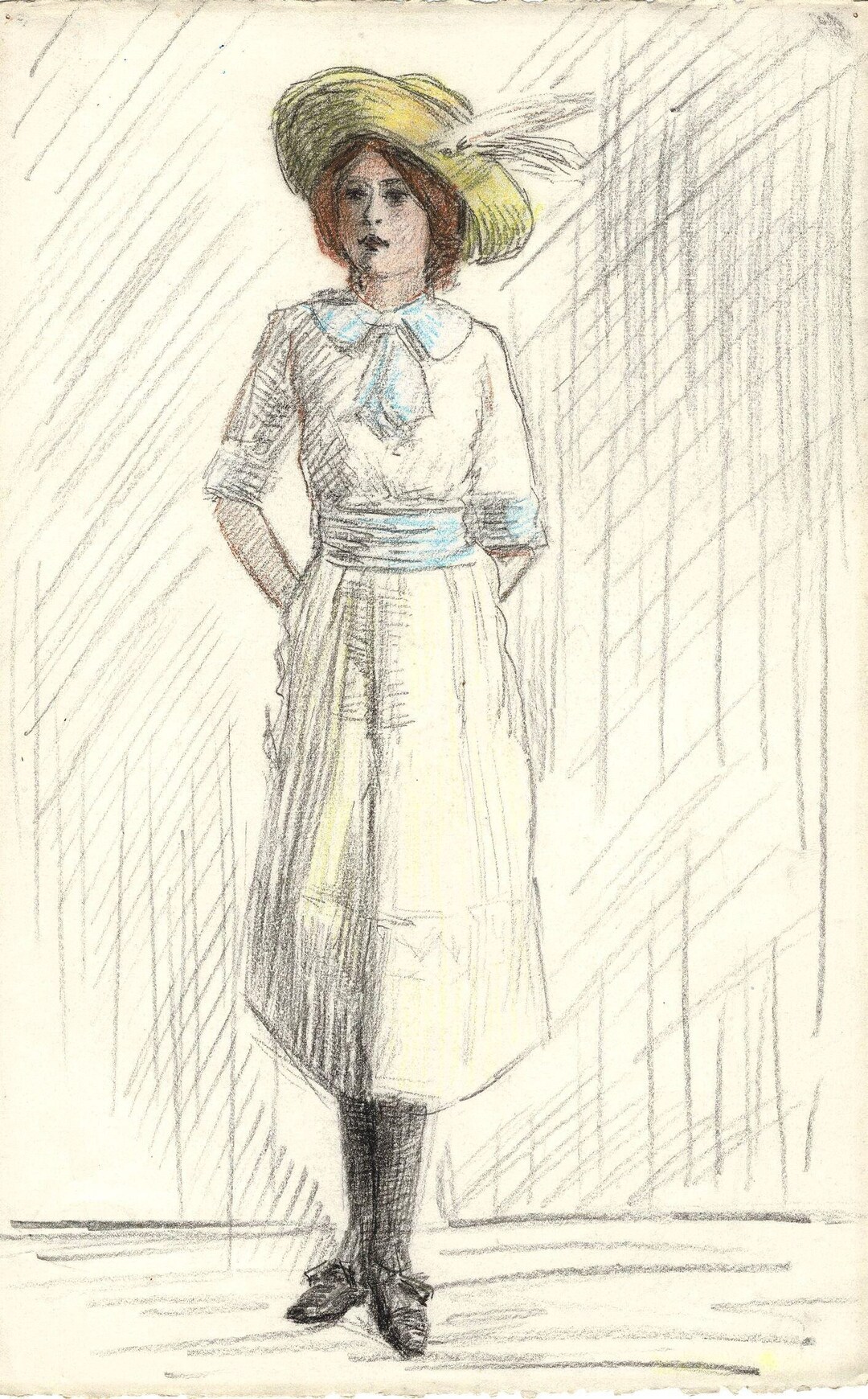 Antique Vintage Young Woman With Bonnet Original Portrait Pencil ...