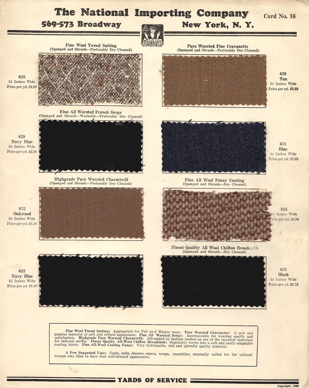 Antique Vintage Fabric Sample Swatches National Importing Co Broadway NY. 1929 Card No. 16 Tweed ...