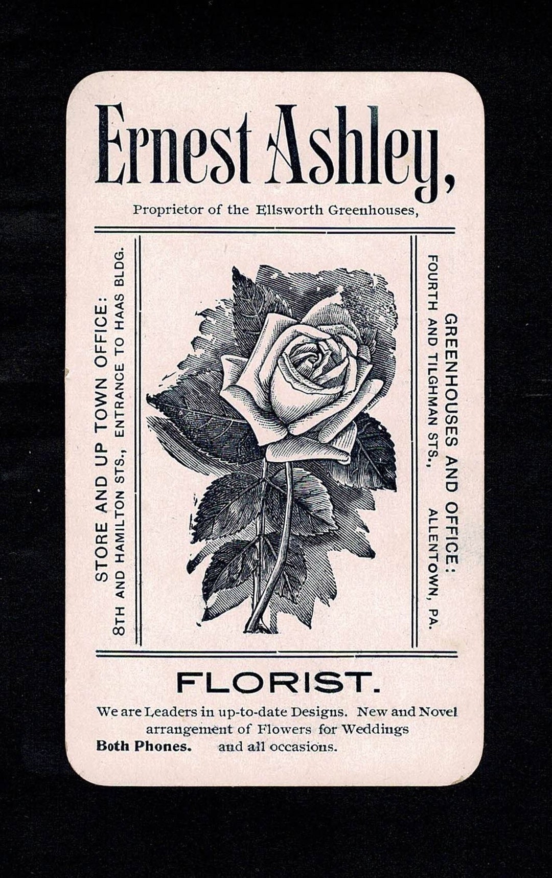 Antique Vintage Florist’s Business Card Ernest Ashley Prop Ellsworth ...
