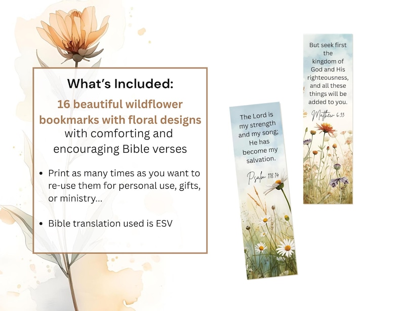 Floral Scripture Bookmarks, Watercolor Bible Verse Art (digital ...