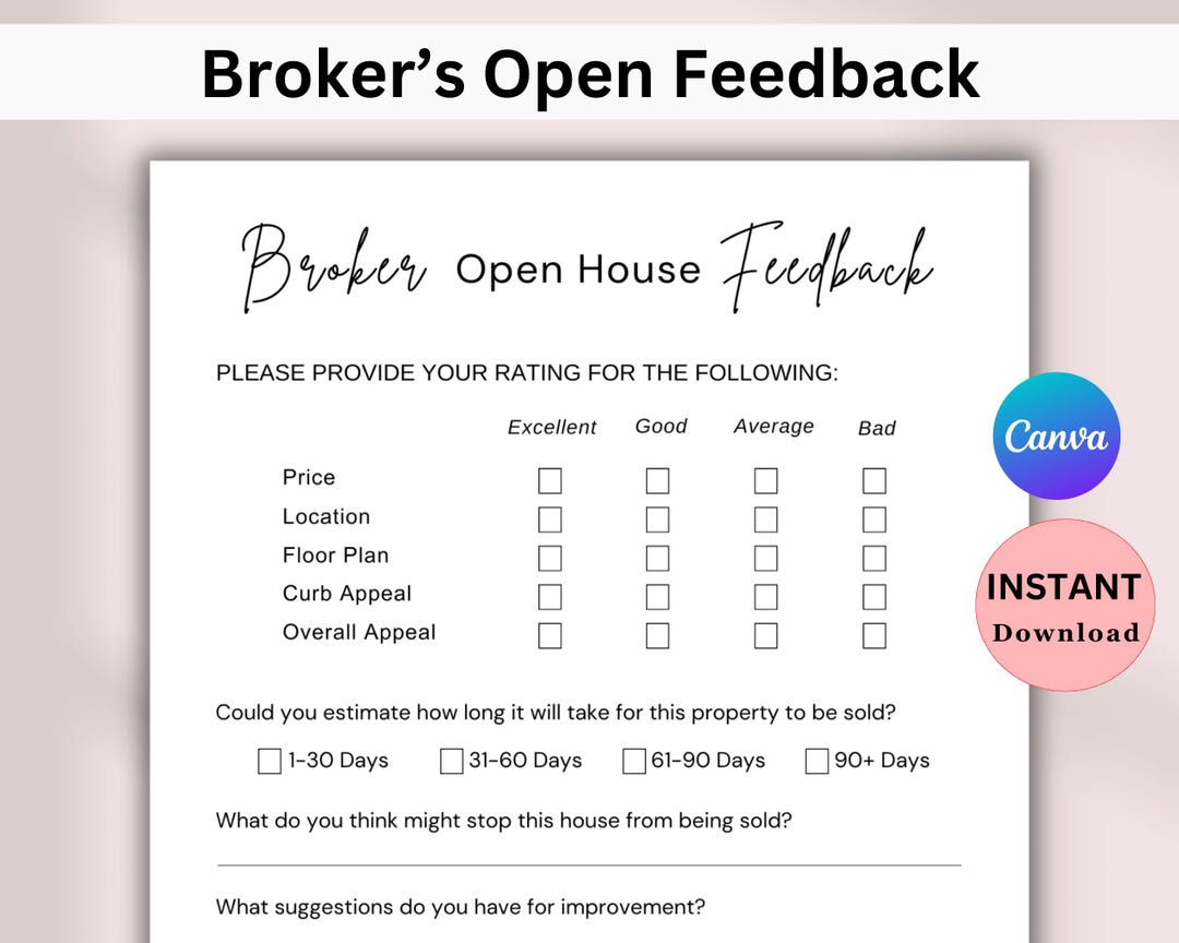 Broker Open Feedback Form Editable, Real Estate Agent Open House ...