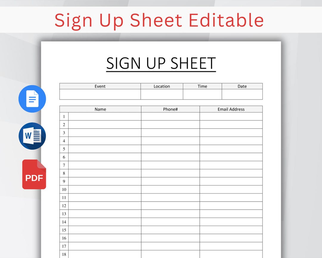 Sign up Sheet Template Editable, Sign up Form, Printable Sign up ...