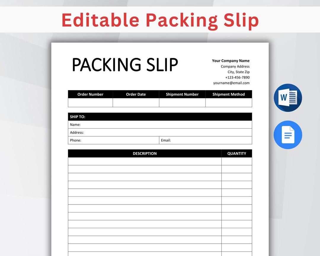 Packing Slip Template Editable, Printable Packing List for Small ...