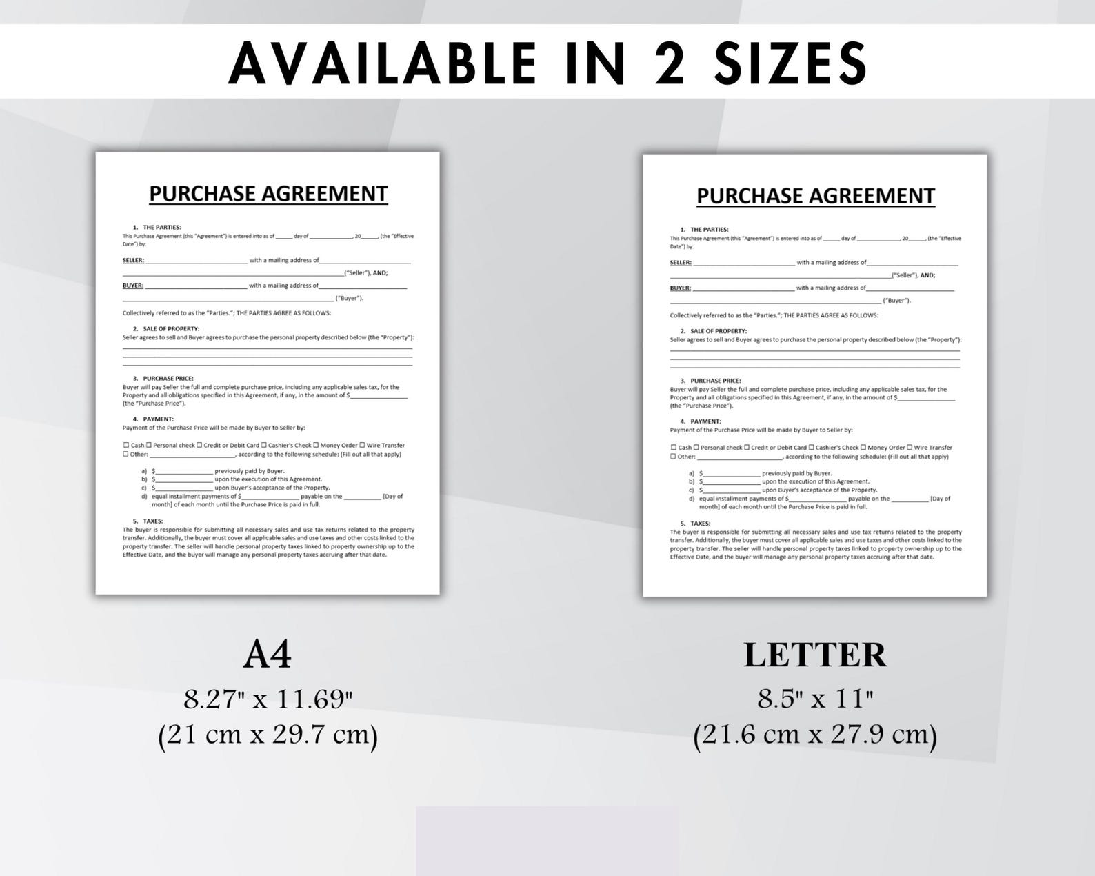 Simple Purchase Agreement Template Printable, Editable Property ...