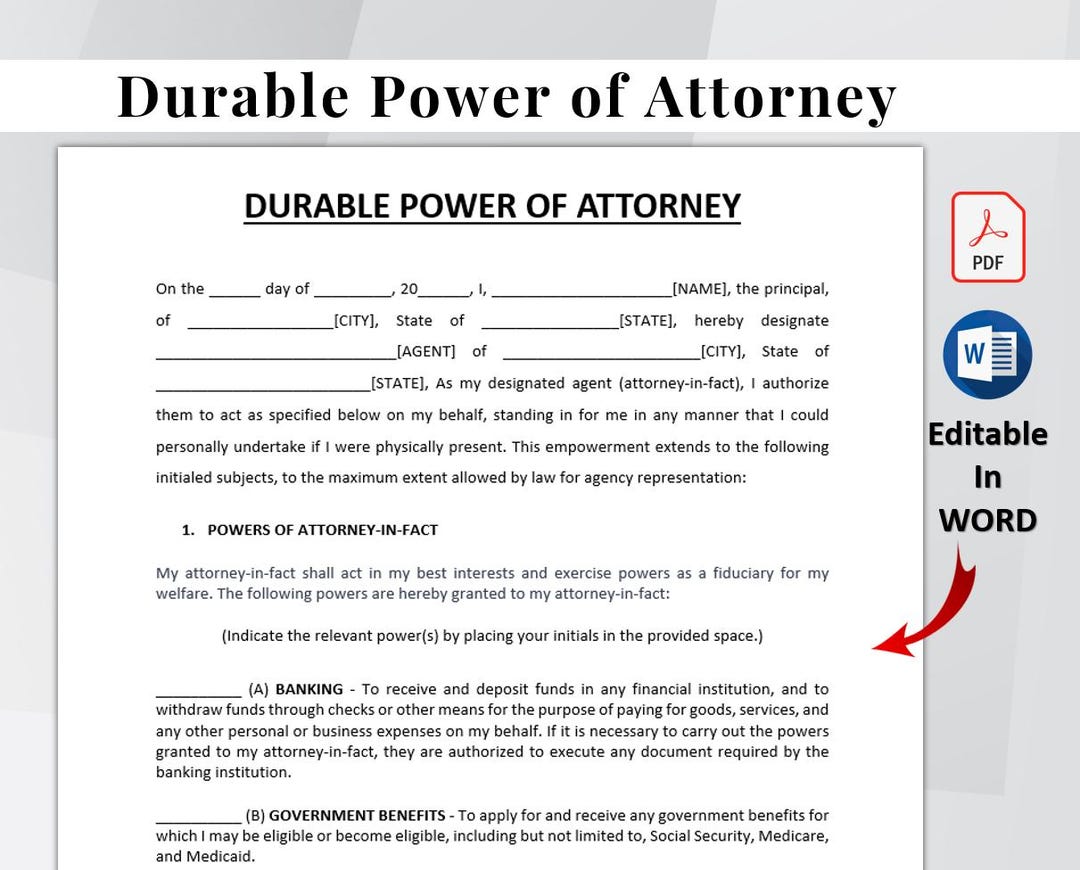Printable Durable Power of Attorney Template | Editable POA Form | POA ...