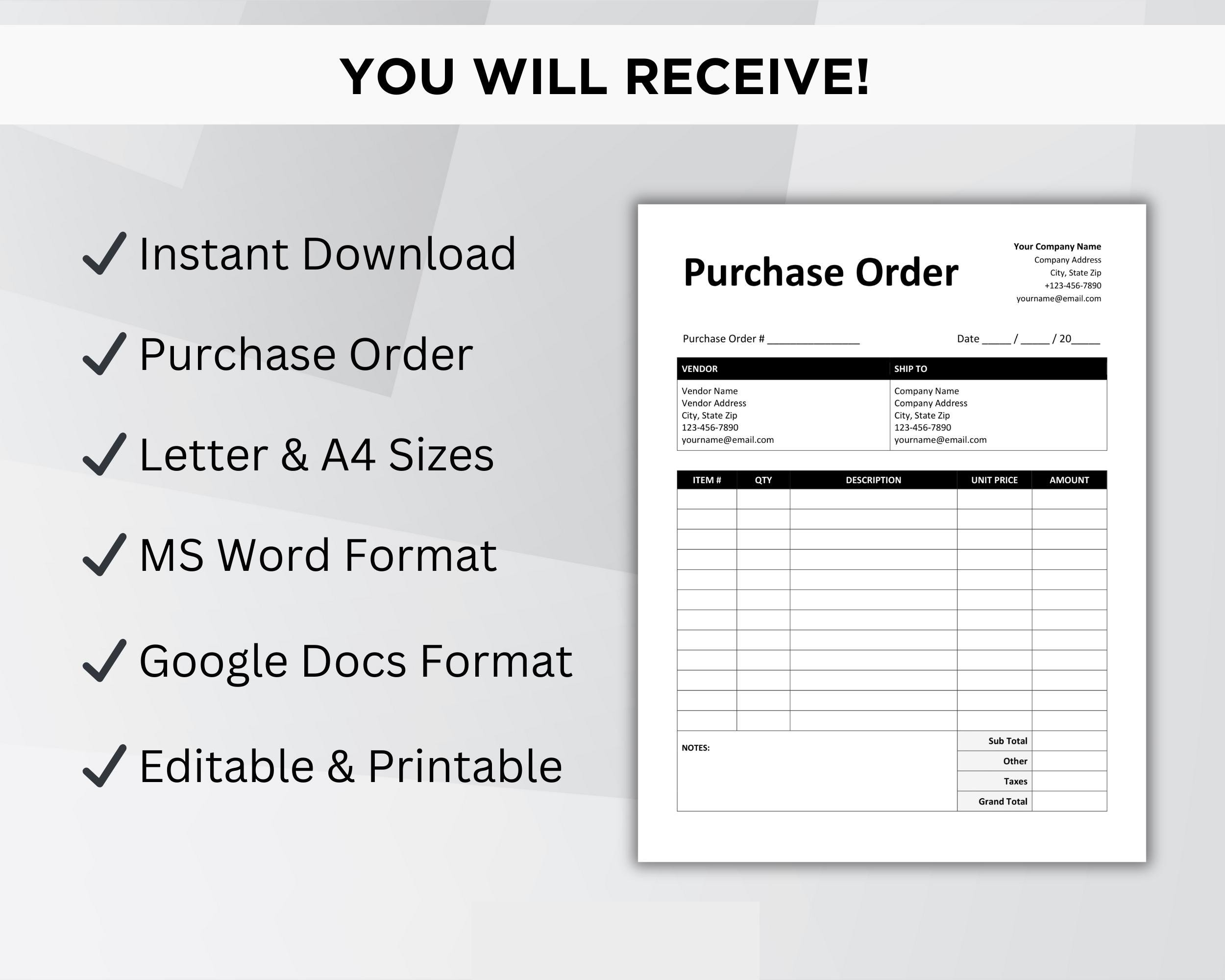 Purchase Order Template Editable, Purchase Order Form, Printable Order ...