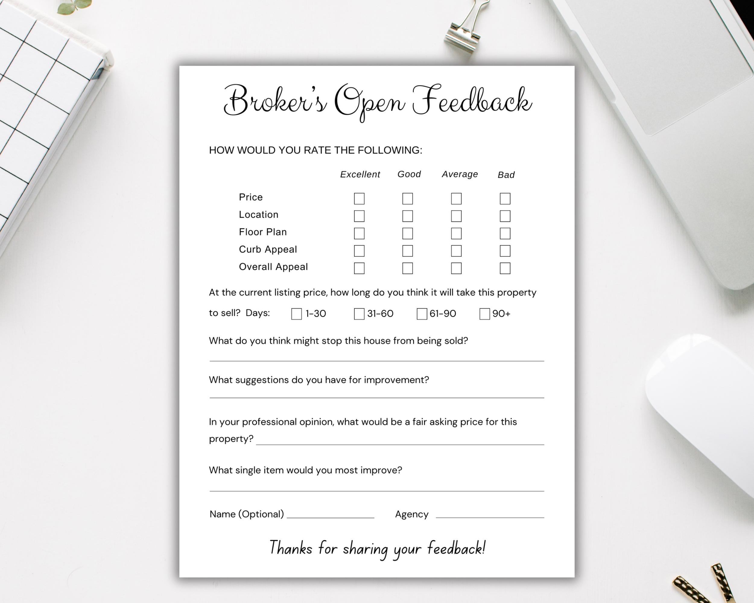 Broker Open Feedback Form Editable, Real Estate Agent Open House ...