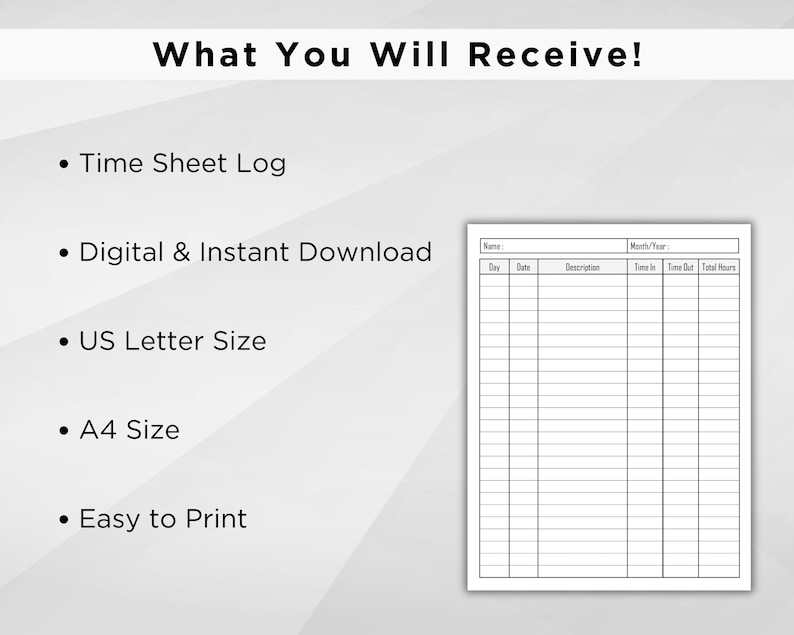 Time Sheet Log Printable | Employee Timesheet Template | Work Hours ...