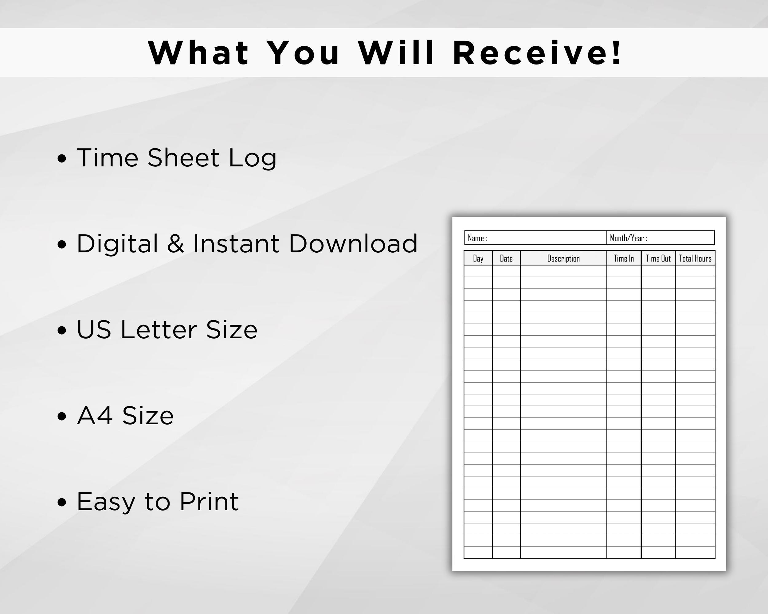 Time Sheet Log Printable | Employee Timesheet Template | Work Hours ...