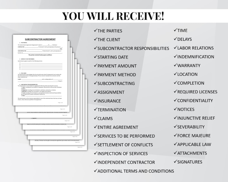 Subcontractor Agreement Template Printable, Editable Construction ...