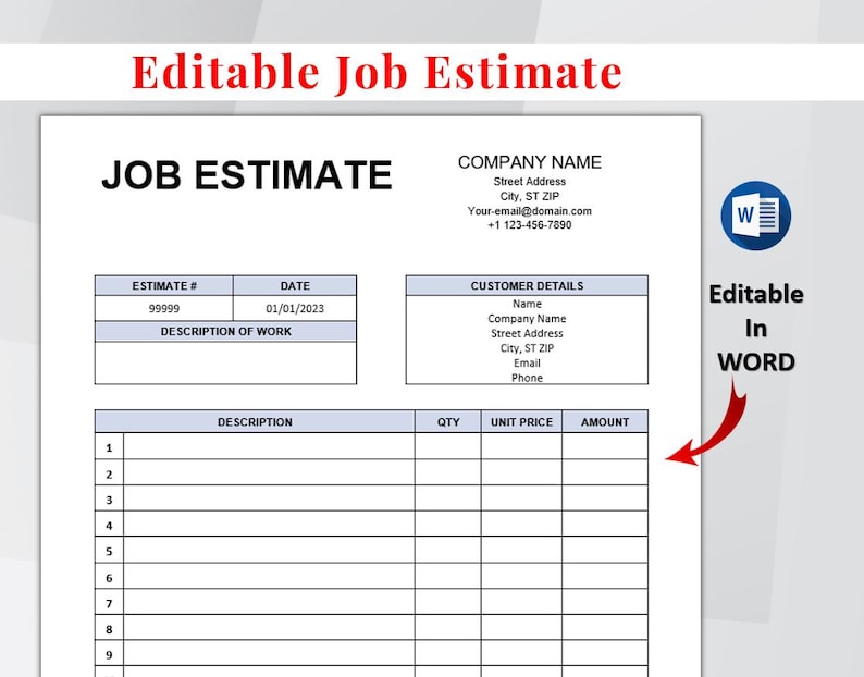Simple Job Estimate Template for Small Business, Printable Estimate ...