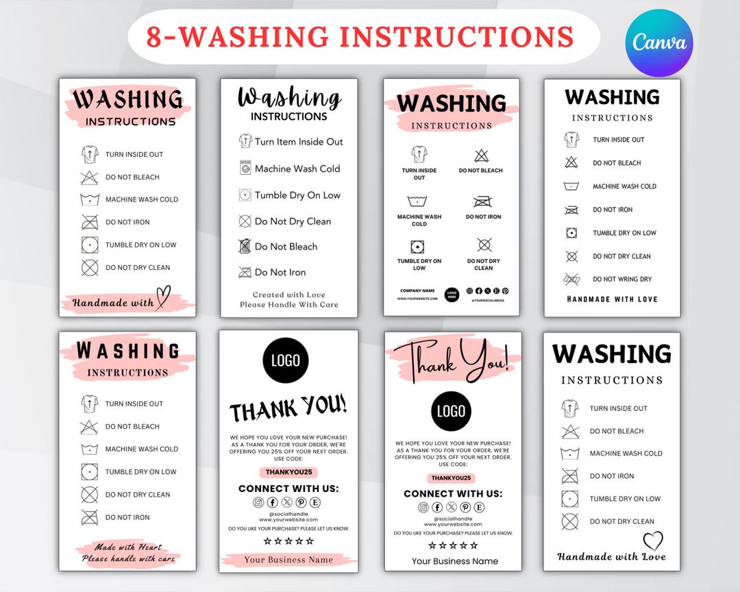 Editable Washing Instructions Card Template, Printable Clothing Care ...