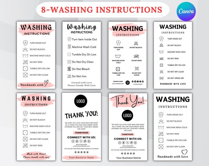 Editable Washing Instructions Card Template, Printable Clothing Care ...