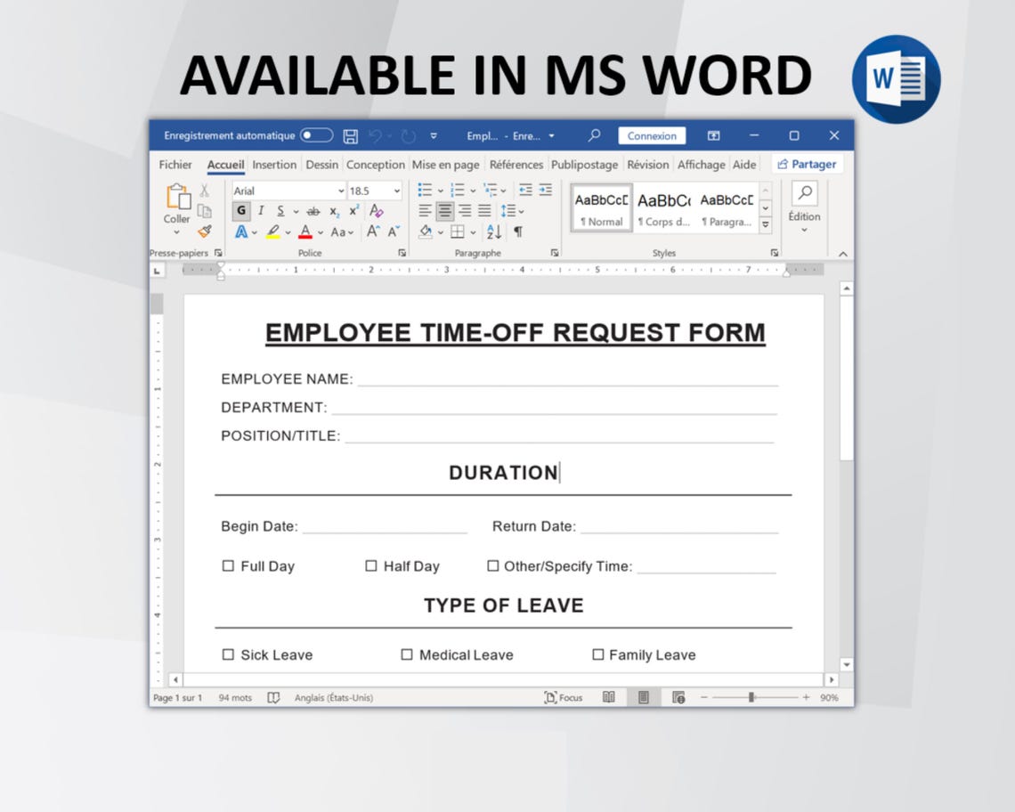 Employee Time-off Request Template Editable, PTO Request Form, Vacation ...