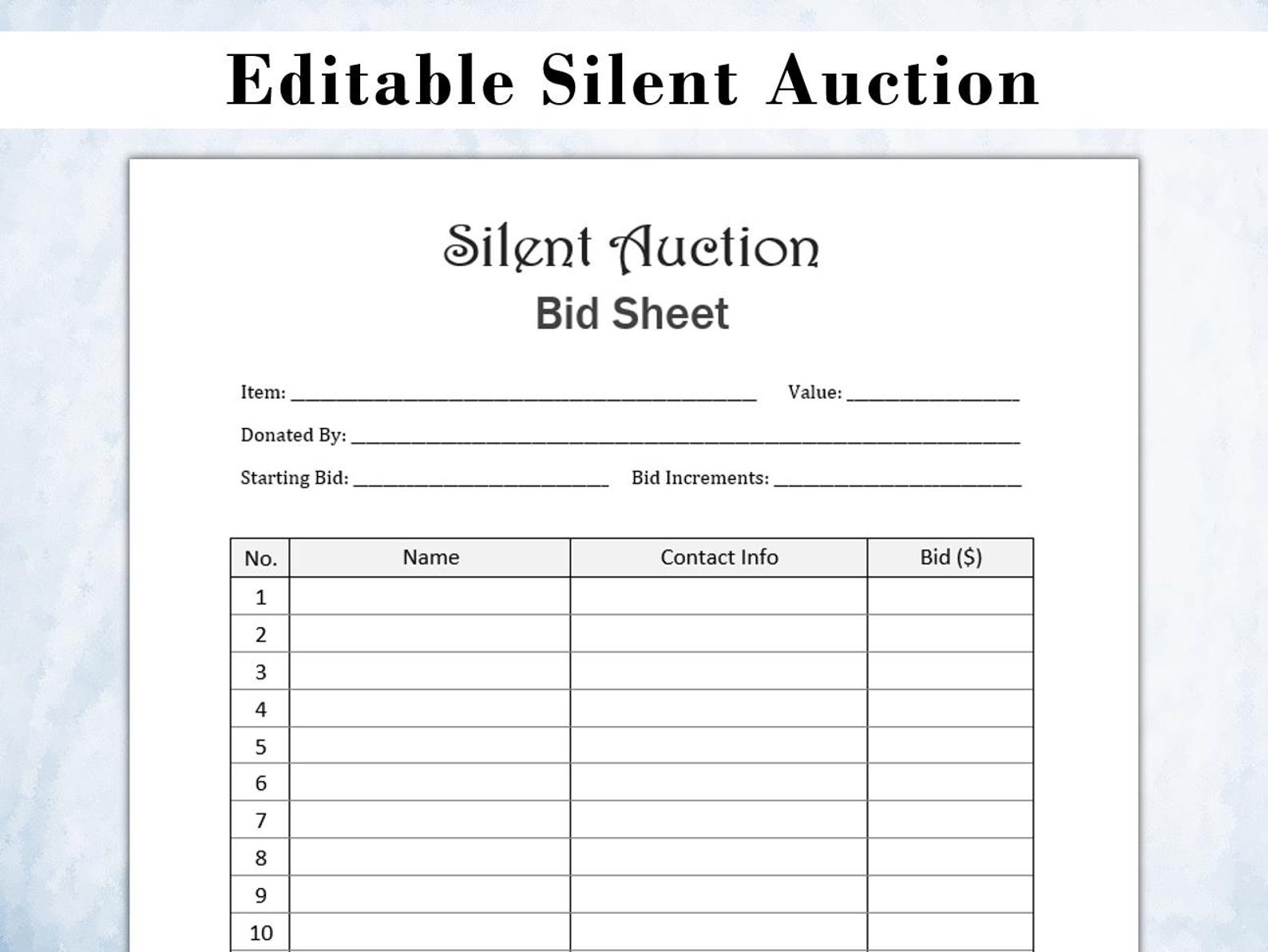 Silent Auction Bid Sheet Template Printable, Silent Auction Sign up ...