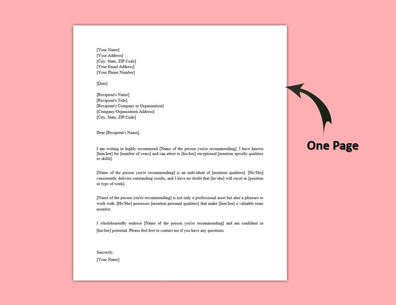 Personal Reference Letter Template Printable, Letter of Recommendation ...